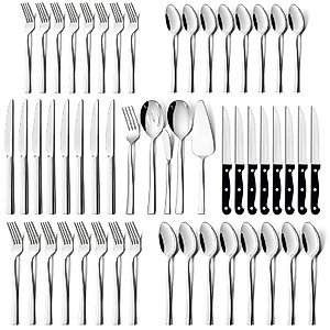HaWare 53-Piece Silverware Set with Steak Knives, Stainless Steel Sturdy Flatware Serving Utensils, Modern Design Cutlery Tableware for Home Holiday Gift, Dishwasher Safe-Servive for 8