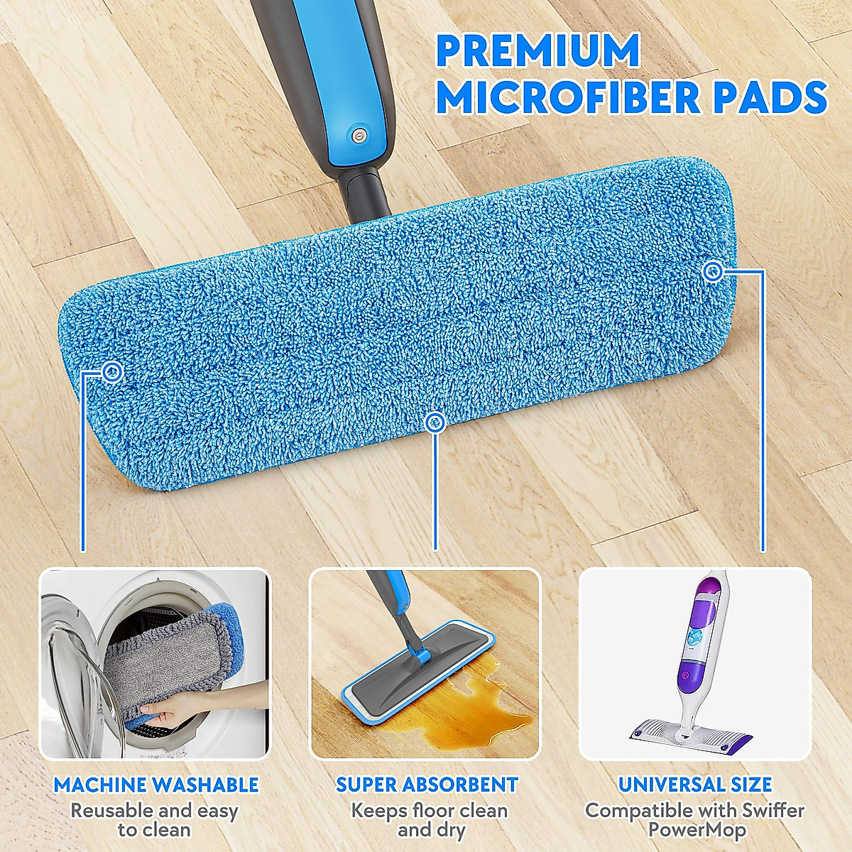 Spray Mop for Floor Cleaning, Microfiber Dust Hardwood Floor Mop, Wet Spray Mop for Wood Laminate Tile Vinyl Floor Home Kitchen Dry Flat Mop with 3 Washable Reusable Pads 1 Refillable Bottle