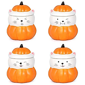 Maustic Pumpkin Mugs, Fall Autumn Mug, Pumpkin Shaped Mugs with Lovely Cat Faces, Cute Thanksgiving Halloween Decor, Novelty Cat Gifts for Kids Family Friends, Ceramic Coffee Mugs Set of 4, 5 Oz