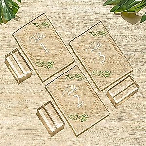 AerWo Acrylic Wedding Table Numbers 1-20 with Stands, 4x6 inches Clear Sign Place Cards with Gold Trim Green Floral Theme, Rustic Table Numbers for Wedding Reception Anniversary Baby Bridal Shower