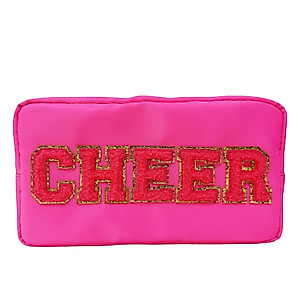 cqoogrlx Cheer Patch Bag Letter Patch Nylon Makeup Bag Cheer Cosmetic Bag Cheerleader Gifts Preppy Chenille Varsity Letter Cheer Makeup Bag Case Toiletry Zipper Pouch for Women Girls(Cheer-hot pink)