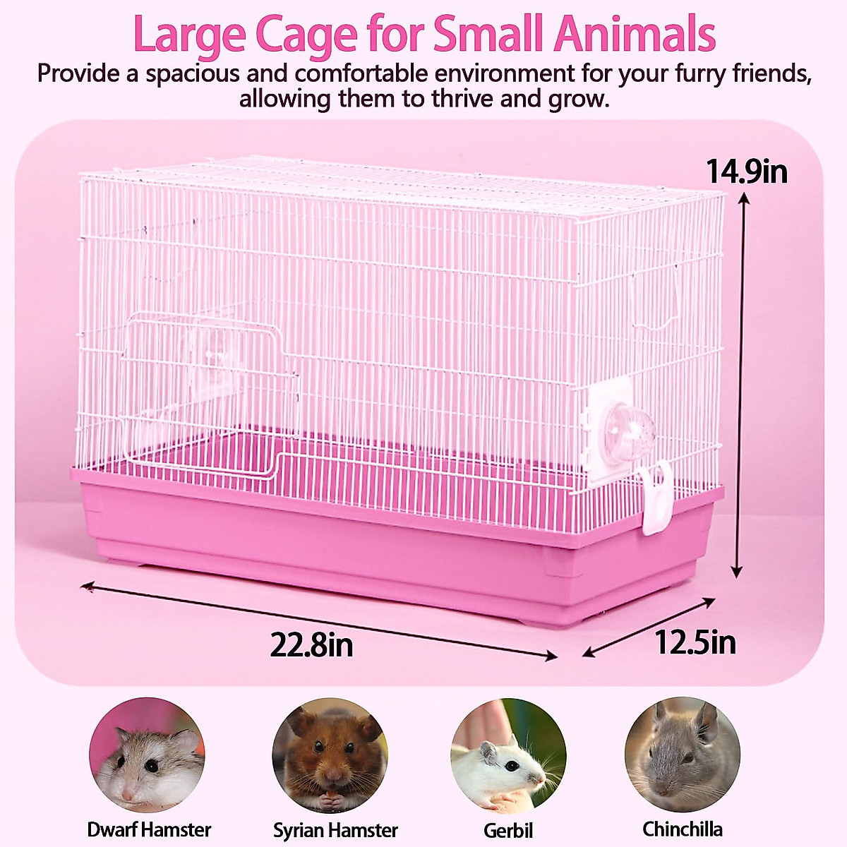 kathson Hamster Cages and Habitats Large Gerbil Cage with Accessories Hut Exercise Wheel Water Bottle Bowl Bathtub Small Animal Basic Cage for Syrian Hamster，3- Levels，22" L x 12.5" W x 14" H，Pink