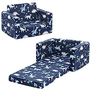 Ulax Furniture Children Sofa Chair Kids FILP-Out Chair Convertible Sofa to Sleeper Couch (Navy Dinosaur)