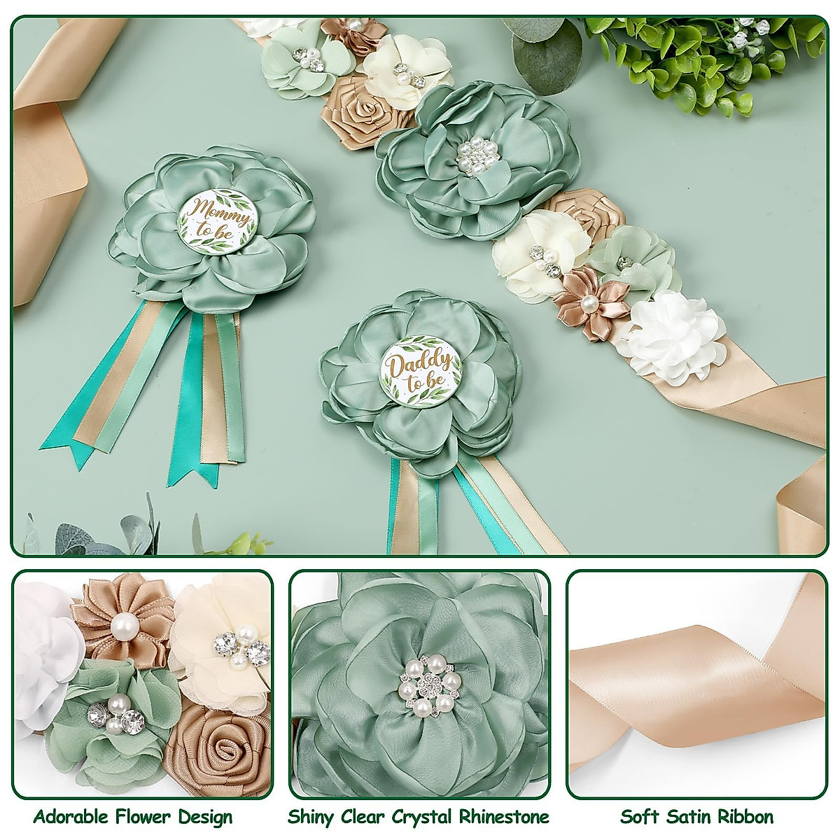 Sage Green Maternity Sash and Corsage Set Mom to Be Daddy to Be Corsage Greenery Theme Baby Shower Decorations Olive Green Belly Band Gender Reveal Party Gift Keepsake Pregnancy Photo Props