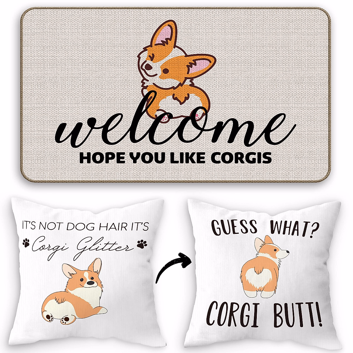 FLDAS Hope You Like Corgis Welcome Door Mat Doormat 17”x30”,It's Not Dog Hair It's Corgi Glitter Reversible Throw Pillow Cover 18”x18”,Set of 1 Pillow Cover 1 Doormat Decor for Home Girls Kids Room