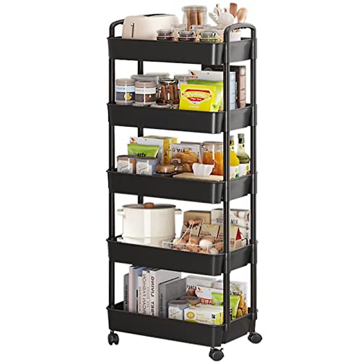 5-Tier Rolling Cart, Multipurpose Utility Cart, Rolling Carts with Lockable Wheels, Storage Cart Craft Cart Organizer for Bathroom Laundry Kitchen,Used as Book Art Snack lash Makeup Diaper cart,Black