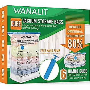 Cube Vacuum Storage Bags, 6 Pack Jumbo Cube Size Vacuum Sealer Compression Space Saver Bag for Clothes, Comforters, Blanket, Duvets, Pillows, Quilt, Travel, Hand Pump with Sealing Ring Included