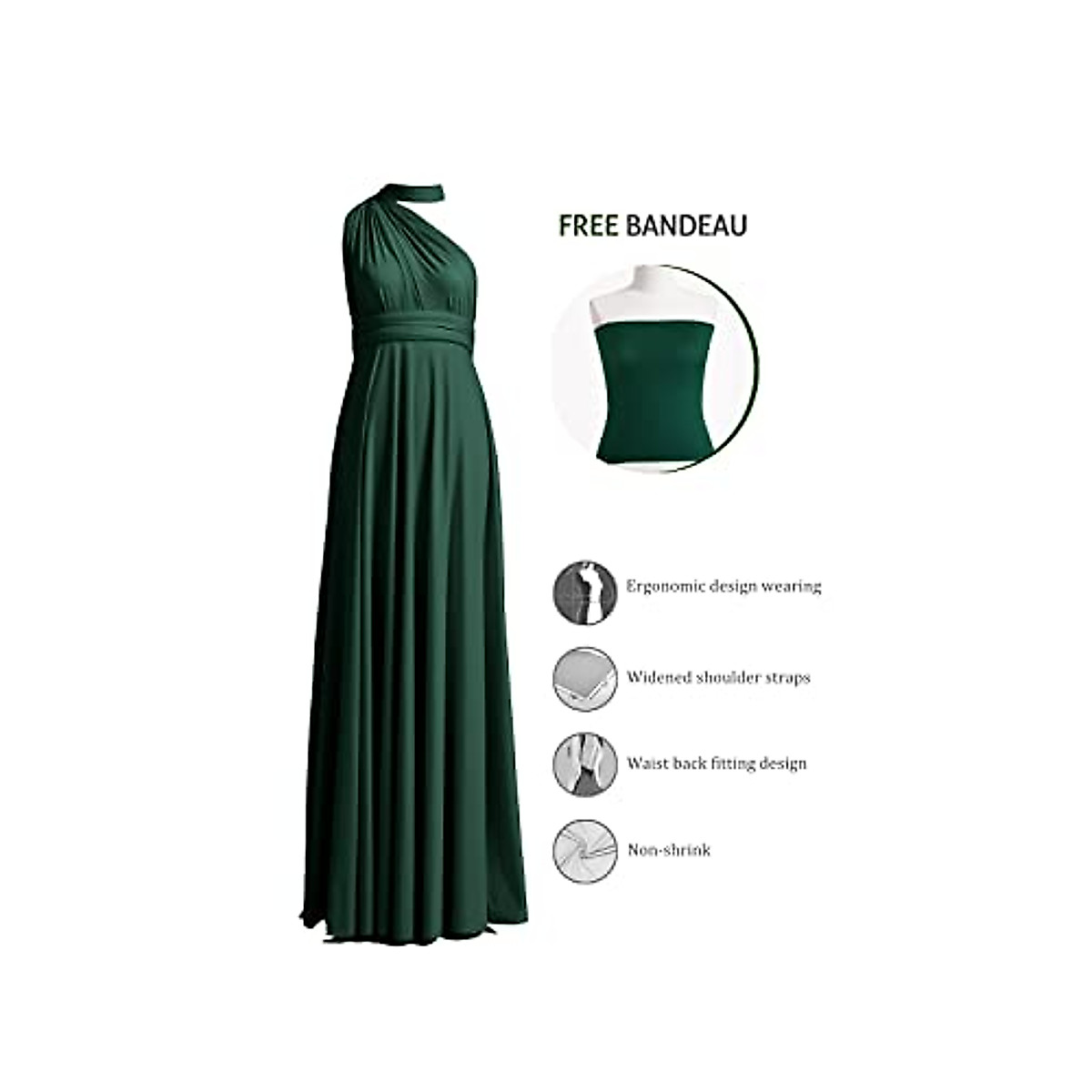 Infinity Dress with Bandeau, Convertible and Bridesmaid Dress, Evening and Transformer Maxi Dress (One Size, Dark Green)