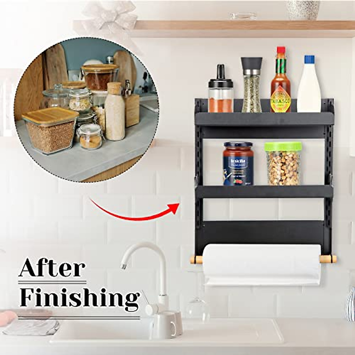 Fashionwu Magnetic Spice Rack, 2 Tier Magnetic Spice Organizer for Refrigerator, Magnetic Shelf with Paper Towel Holder for Kitchen Storage