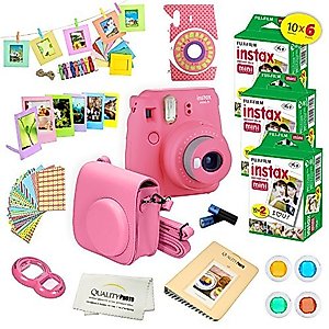 Fujifilm Instax Mini 9 Instant Camera Flamingo Pink w/ Instant Films (60 Pack) + A14 Pc Deluxe Bundle for Camera