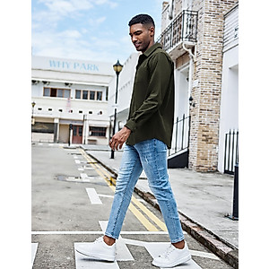 COOFANDY Men's Corduroy Shirt Jacket Slim Fit Button up Work Shirt with Two Flap Pockets Army Green