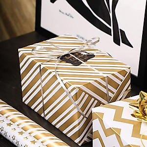 Packanewly Wrapping Paper Set - 17 inch x 120 inch White Gold Designs Mini Roll with Ribbon and Tag Stickers (3-Pack, 42.3 sq.ft.ttl.)