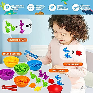 Counting Dinosaurs Color Sorting with Rainbow Bowls for Kids, Sensory Training & Counting Activity, Montessori Preschool Education Learning Math Sorting Toys Sets Gift for 3-5 Years Old Boys Girls
