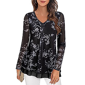 Triratna Women's Tunic Tops Work Blouses for Women Office Professional Pleated Front Ruffle Hem V Neck Double Layers Fancy Gorgeous Tunic Shirts Vacation Dressy Tops Black-White Floral,L