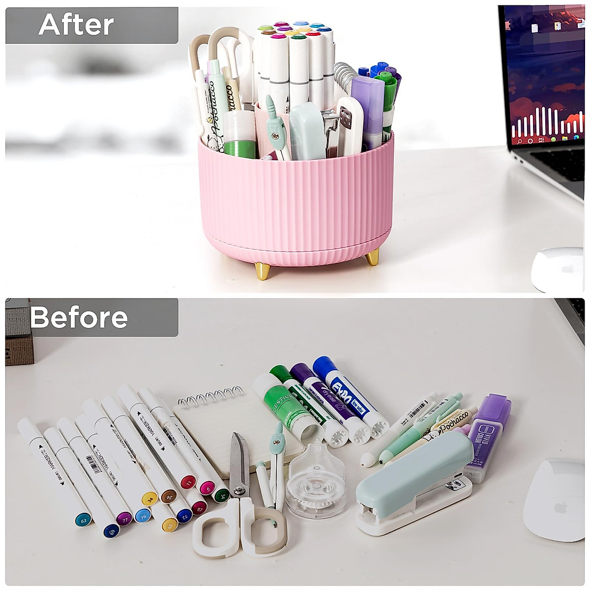 HBlife Pencil Pen Holder for Desk, 5 Slots 360° Degree Rotating Desk Organizers and Accessories, Desktop Storage Stationery Supplies Cute Pencil Cup Pot for Office, School, Home, Art Supply, Pink