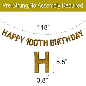 HAPPY 100TH BIRTHDAY Banner，Pre-strung，No Assembly Required，100th Birthday Party Decorations Supplies，Gold Glitter Paper Garlands Backdrops, Letters Gold Betteryanzi