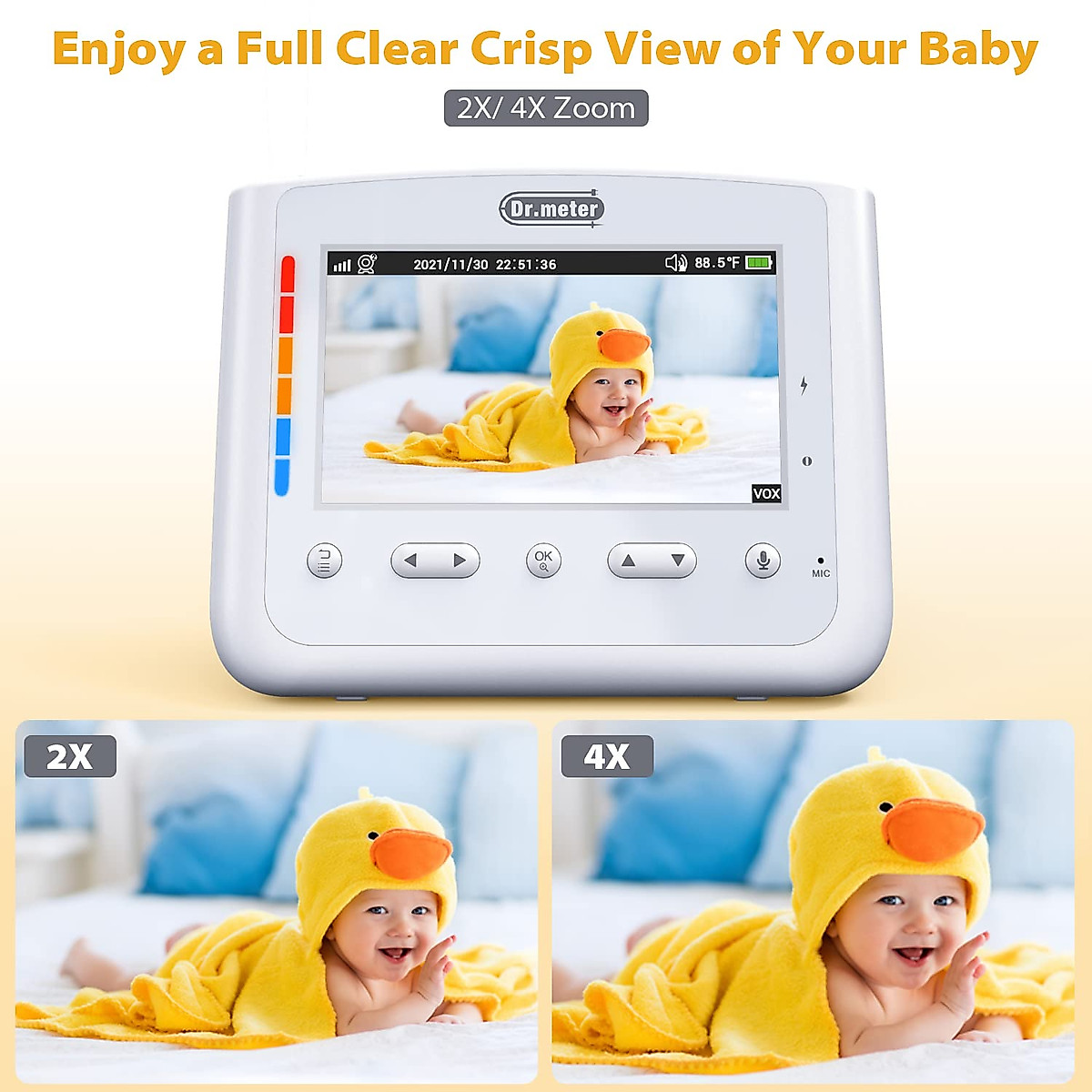 Dr.meter Baby Monitor with 2 Cameras: 4.3'' LCD Screen Audio and Video Baby Monitor with 2X or 4X Zoom, Night Light, 2-Way Talk, Remote Pan-Tilt-Zoom, VOX Mode Infrared Night Vision - No WiFi