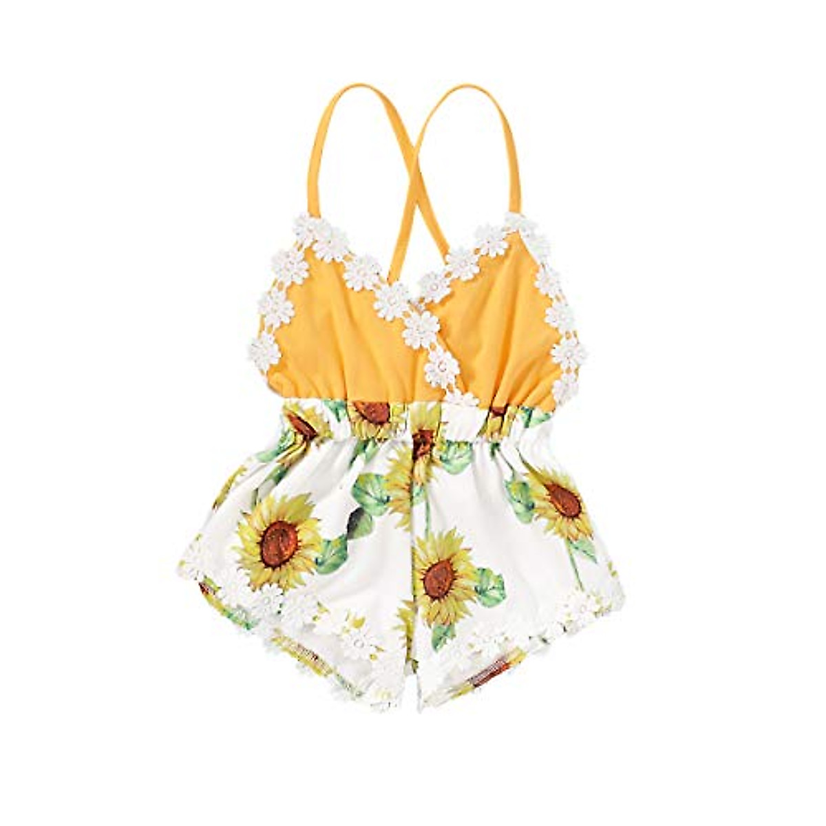 Happy Town Summer Toddler Baby Girl Clothes Cute Fruit/Flower Print Lace Trim Backless Romper Shorts Jumpsuit (Yellow, 18-24 Months)