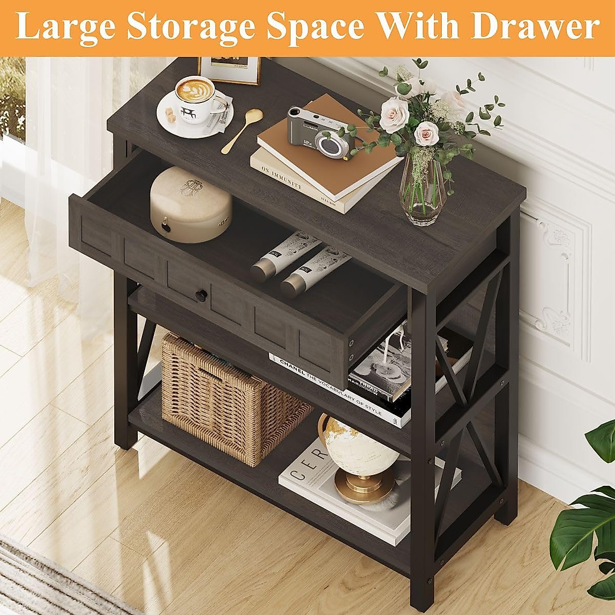 FATORRI Rustic Bookshelf with Drawer, Industrial Wood and Metal Bookcase, Small Book Shelf and Low Book case for Small Space (Walnut Brown)