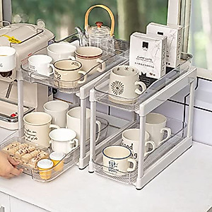 Nyxozonny 2-Tier Pull-Out Sliding Under Sink plastic Stackable Organizer for Bathroom & Cabinet & Kitchen Storage,Plastic Drawer & ABS Pole, Anti-Rust,White