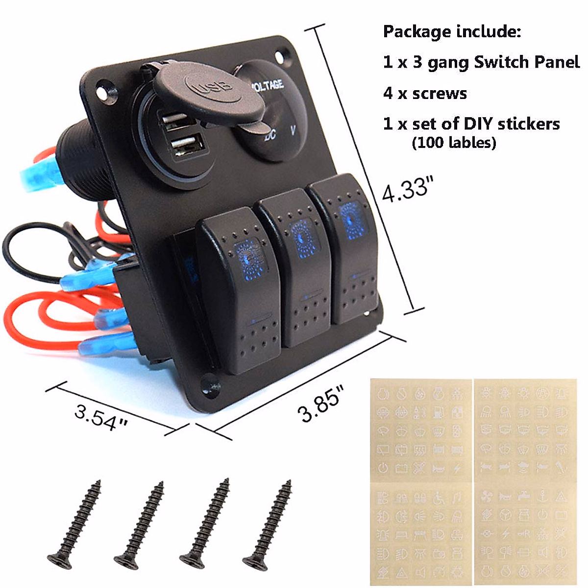 3 Gang Waterproof Marine Boat Rocker Switch Aluminum Panel, DC 12V/24V 5 Pin ON-Off Switch, with Upgrade Arc LED Digital Display Voltmeter and 4.8A Dual USB Slot Socket for Boat Car Rv Vehicles Truck