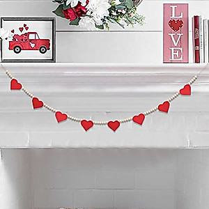 Valentine's Day Wood Bead Garland for Fireplace Mantel - Red Felt Hearts Love Decor Banner Natural Boho Modern Farmhouse Beaded Wall Hanging, Engagement Banner Photo Backdrop