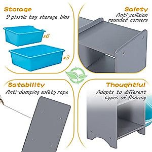 MallBest 4-Tier Kids' Toy Storage Organizer Shelf - 100% Solid Wood,Children's Storage Cabinet with 9 Plastic Bins and and 3 Storage Ports (Grey)