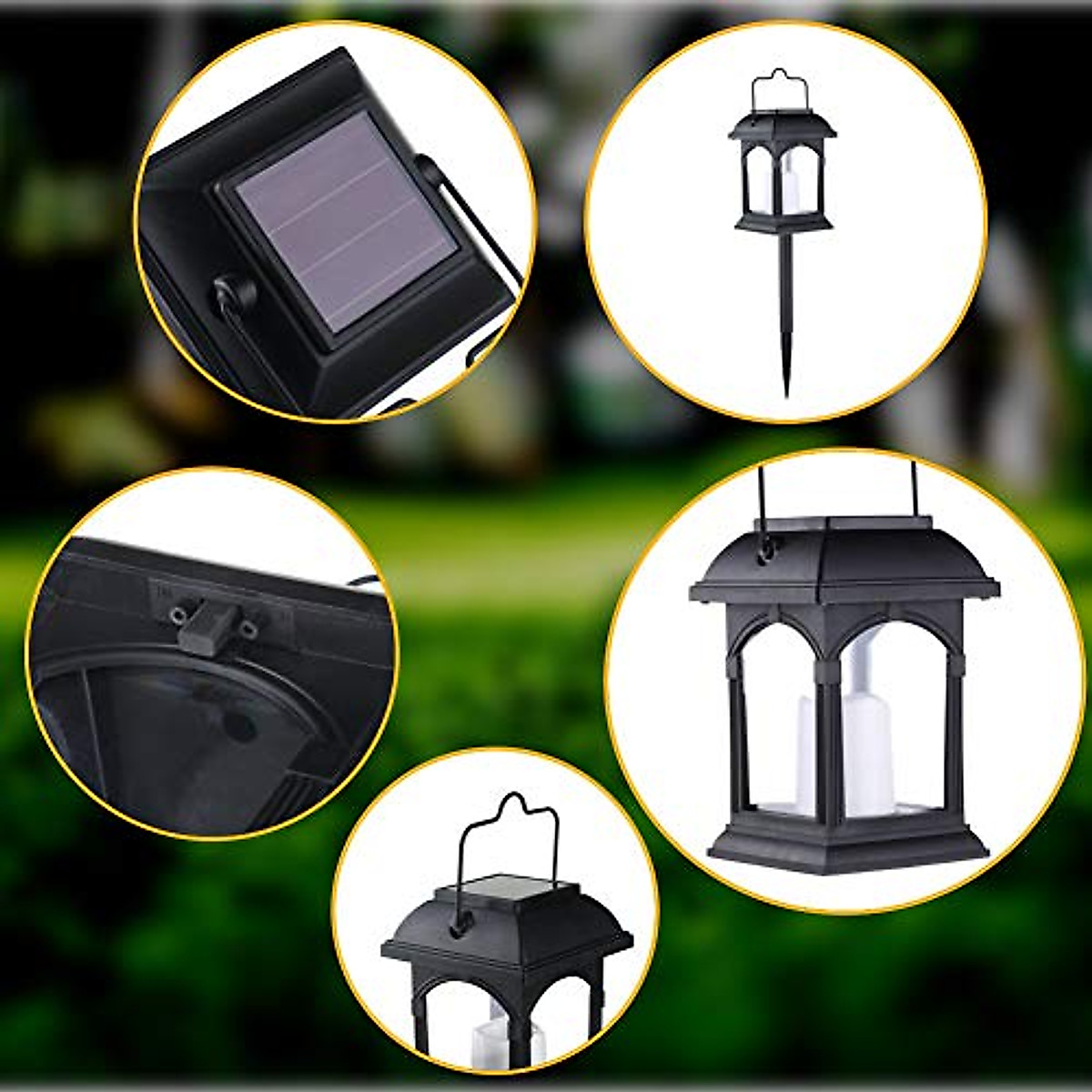 Clihere Solar Lantern Lights,Waterproof Hanging Solar Lanterns Flickering Retro Candle Effect Hanging Lights Solar Outdoor Decoration Lighting Solar Powered Auto On/Off for Garden,Yard, Patio (2 Pack)