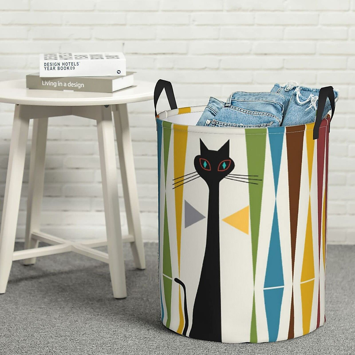 Mid-Century Modern Art Cat Printed Round Foldable Laundry Basket With Handle For Home, Bathroom, Dirty Clothes, Toy Storage