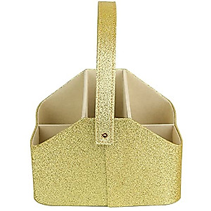 HofferRuffer Faux Leather Cosmetics Organiser, 5-Compartment Makeup Caddy Holder, Portable Organizer Caddy Tote Divided Basket Bin, Dressing Table Organiser for Skincare, Perfume and Make Up (Gold)