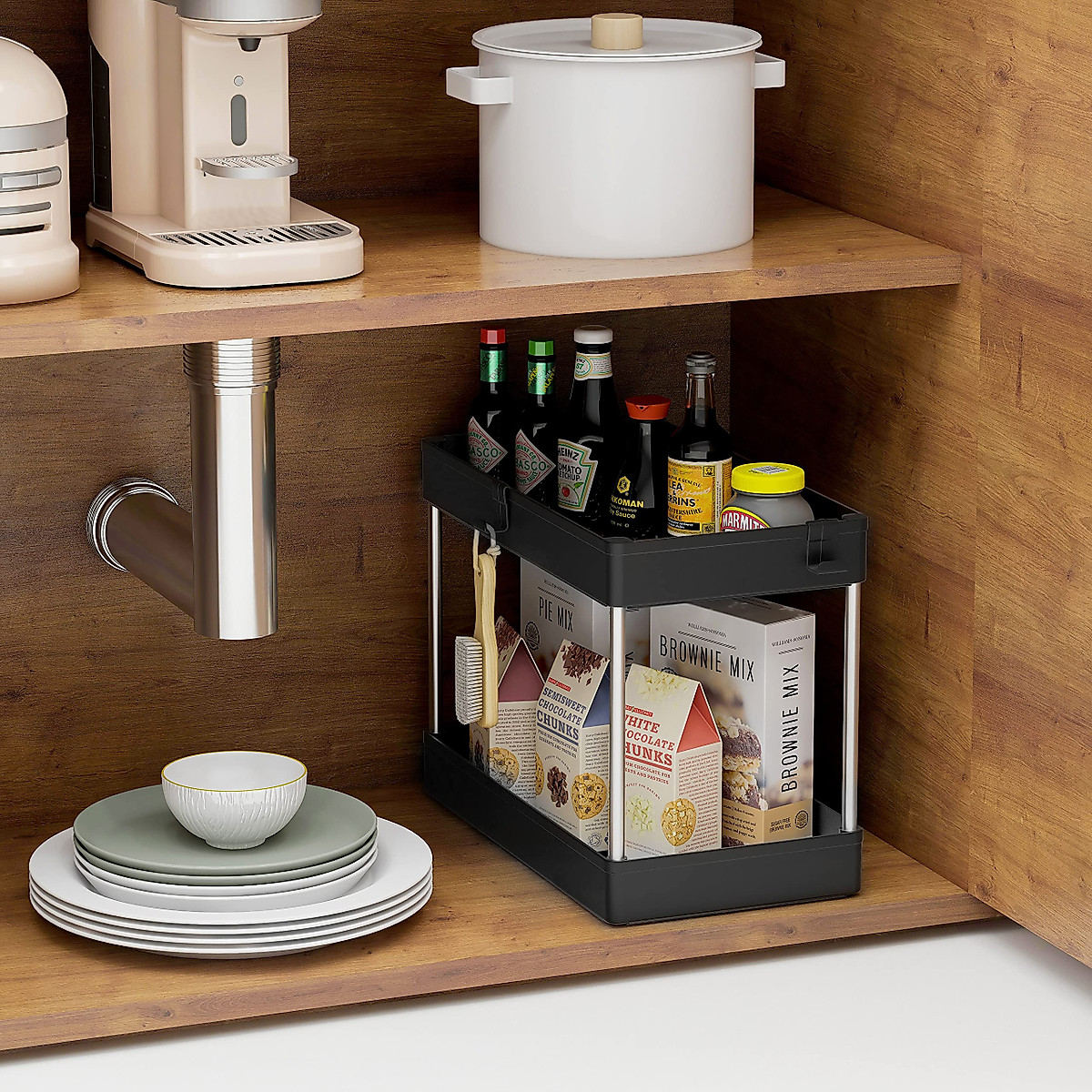 Under Sink Organizer, 2 Tier Bathroom Organizer with 4 Hooks, Multi-purpose Under Sink Storage, Countertop Storage Shelf Holder, Kitchen Spice Rack, Under Sink Storage for Bathroom Kitchen, Black