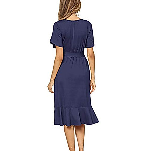 Women's Plain Casual Swing Midi Modest Belt Dress Deep Blue L