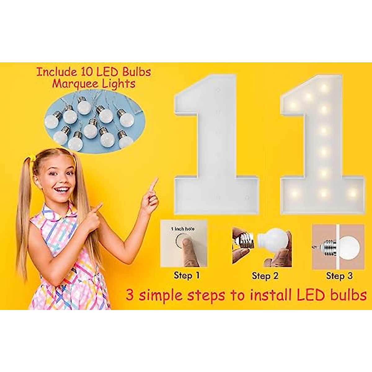 JoyBox Design 3FT Marquee Light Up Numbers Pre-Cut Frame Giant Marquee Numbers 1, Mosaic Numbers for Balloons, First 1st 21st Birthday Anniversary Decorations Party Decor