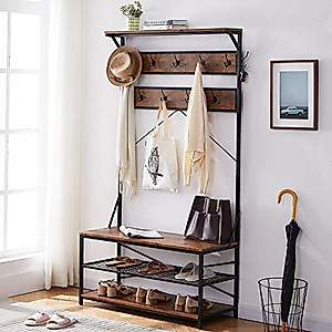 3-in-1 Entryway Coat Rack,Vintage Industrial Hall Tree 72 Inch with Storage Bench and Coat Racks Entryway Storage Shelf Organizer with 9 Hooks， Large Size, Wood Look Accent Furniture with Metal Frame