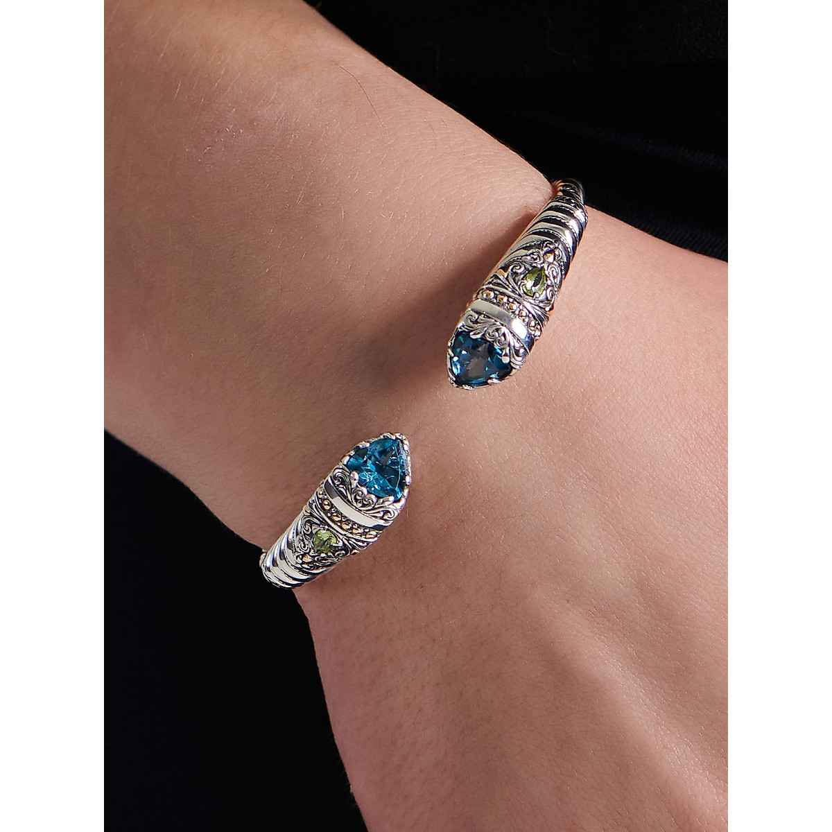 DEVATA Sterling Silver 925 and 18K Gold with Citrine and Peridot Bali Filigree Cuff Bracelet DHK3586CT (Size M)