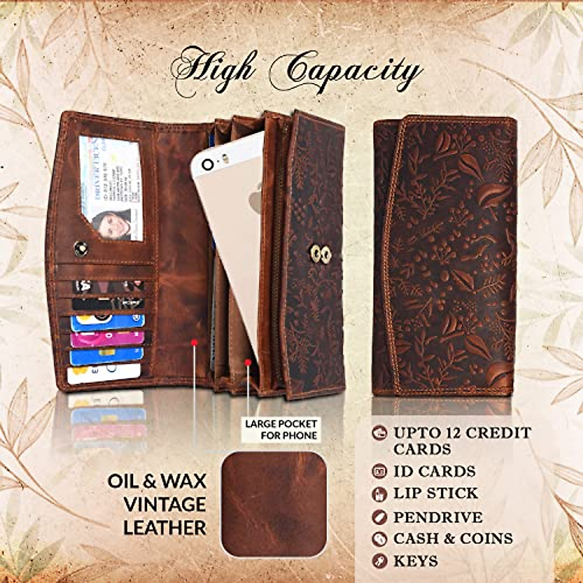 LEVOGUE RFID Flower embossed Leather Wallet for Women-Multi Credit Card Slots,Mobile case Coin Purse with ID Window-by VALENCHI (Cognac Vintage)