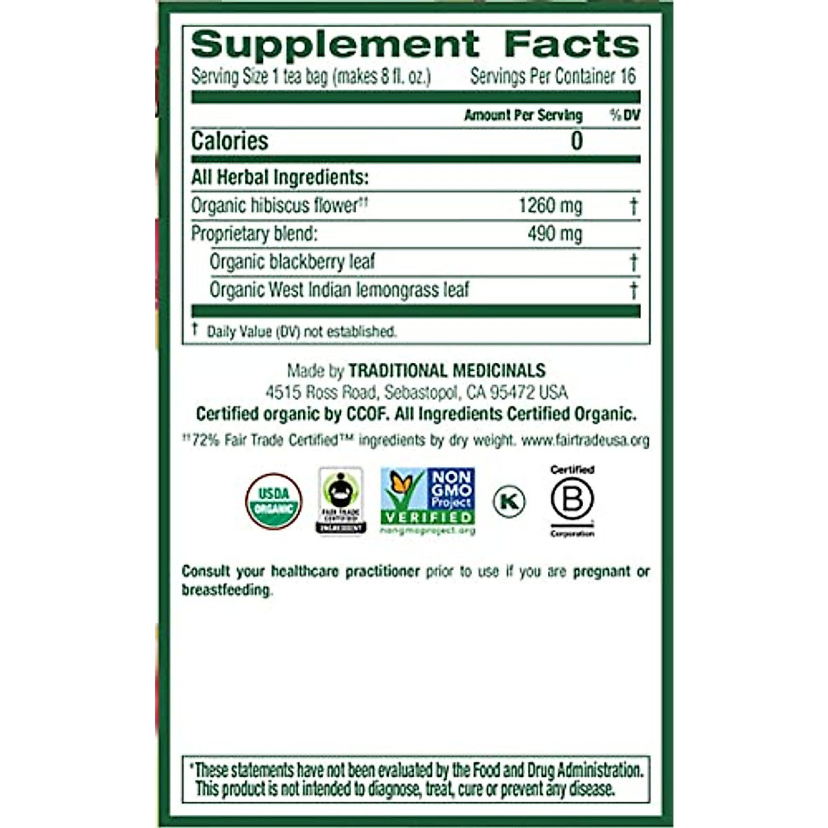 Traditional Medicinals Tea, Organic Hibiscus, Supports Your Cardiovascular System, 16 Tea Bags