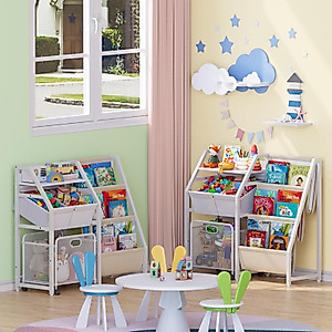 Kids Bookshelf and Toy Storage Organizer - 3 Tier Book Shelf for Kids Rooms with Movable Drawer, Kids Bookcase with 2 Toy Bins, Toddler Baby Childrens Bookshelf, for Bedroom Playroom Classroom (White)