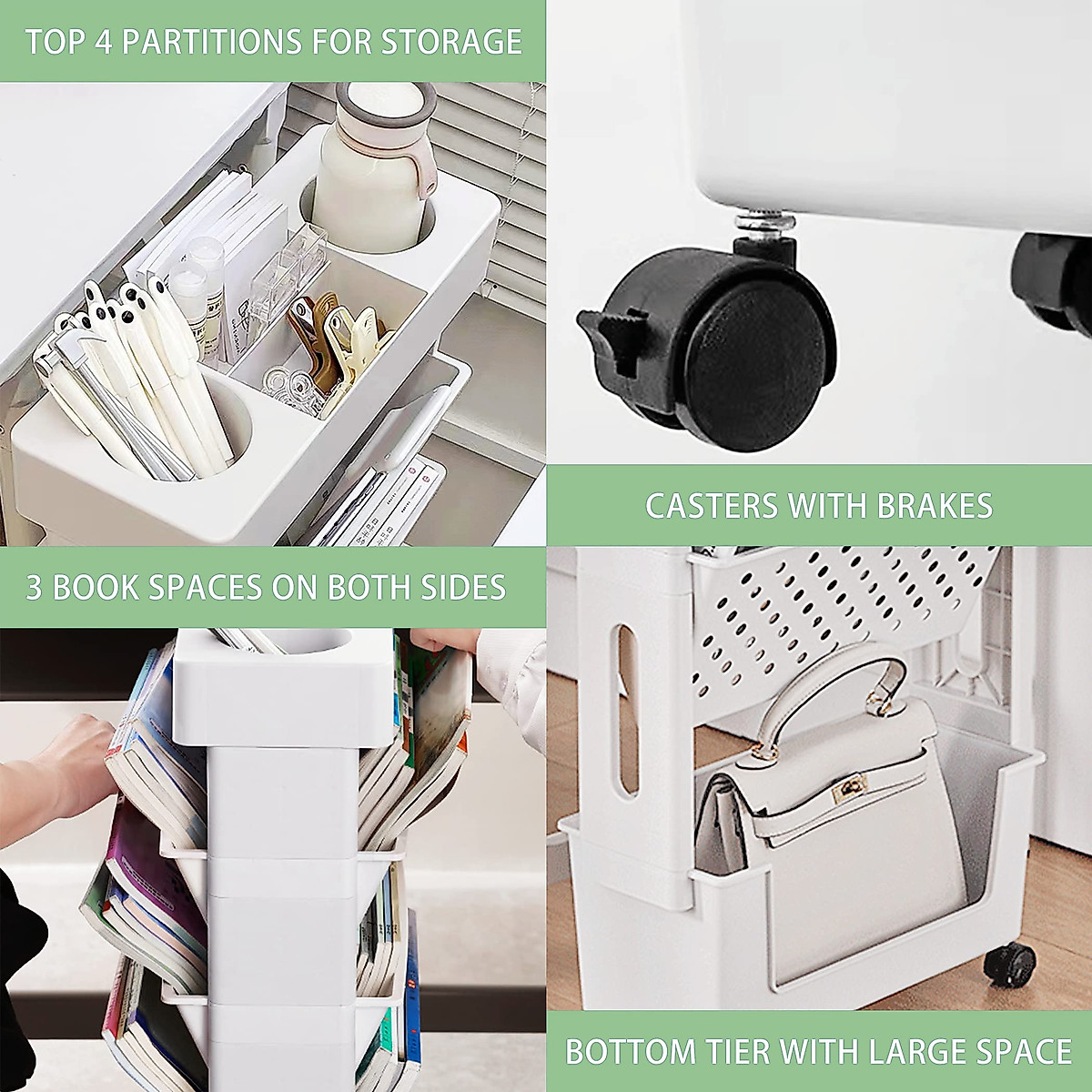 YEMUNY 5 Tier Rolling Utility Cart Multi-Functional Movable Storage Book Shelves with Lockable Casters for Study Office Kitchen Classroom, Light Green