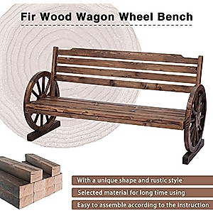 JSUN7 Wooden Outdoor Wagon Wheel Bench - Yard Decorative 3-Person Bench with Backrest Fir Wood Seat Rustic Style for Bench Patio Garden