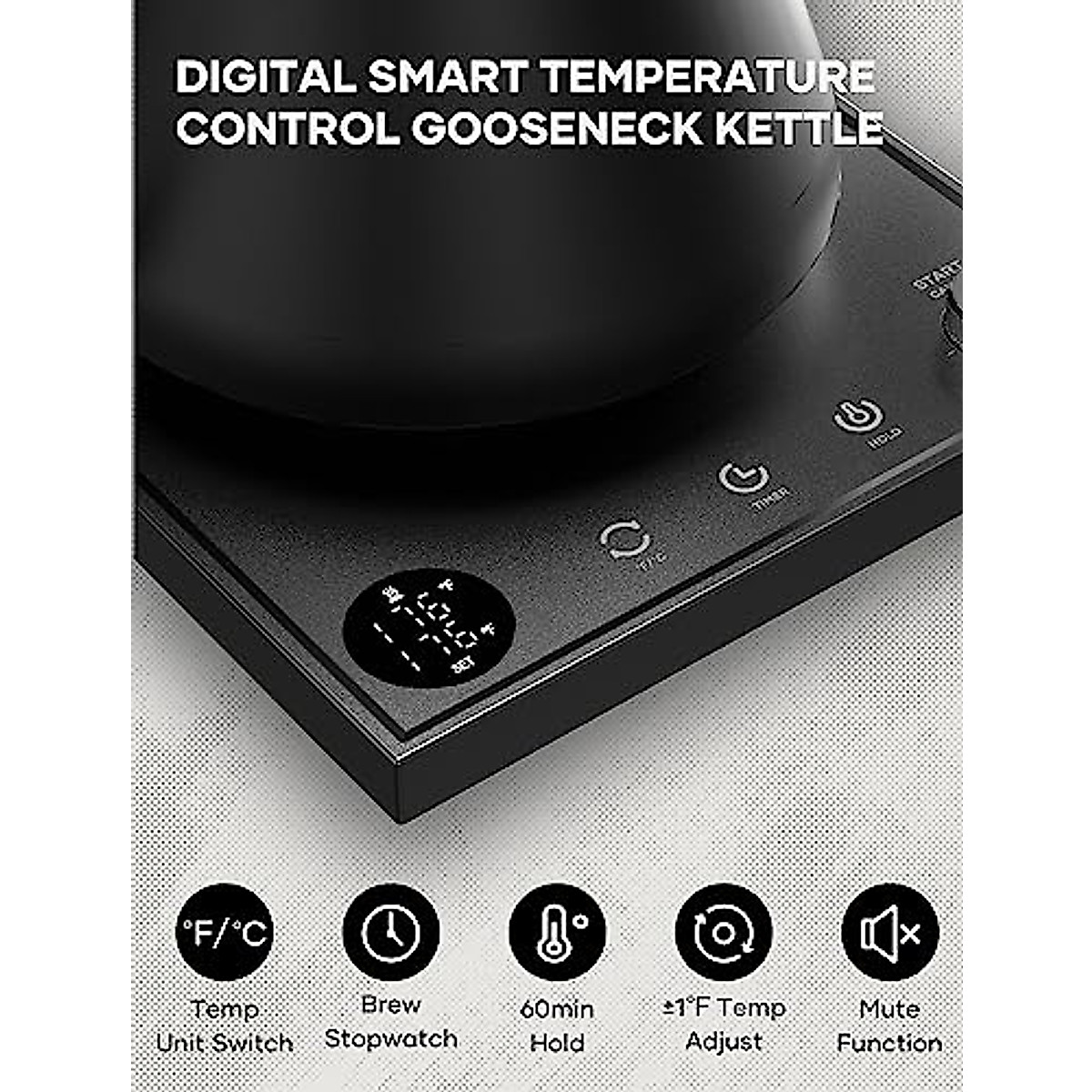 Gooseneck Electric Kettle, Offacy Pour Over Tea Kettles with LED Screen, ±1℉ Temperature Control, Full 304 Stainless Steel, Quick Heating, Hold, Mute, 0.68mm V-Shaped Spout, Hot Water Boiler, 0.9L