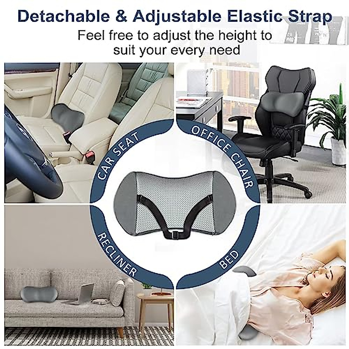 Dikuer Lumbar Support Pillow for Office Chair and Car Seat with Adjustable Strap, Anti-Slip Back Support Pillow for Lower Back Pain Relief, Ergonomic Memory Foam with Washable Cover for Bed, Travel