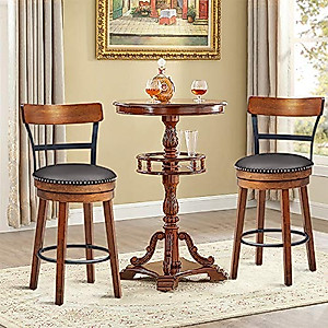 COSTWAY Bar Stools Set of 2, 360-Degree Swivel Stools with Leather Padded Seat, Single Slat Ladder Back & Solid Rubber Wood Legs, Counter Height Stools for Pub, Restaurant, Kitchen, Brown (2, 25.5)