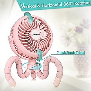 AMACOOL Battery Operated Stroller Fan Flexible Tripod Clip On Fan with 3 Speeds and Rotatable Handheld Personal Fan for Car Seat Crib Bike Treadmill (Pink)