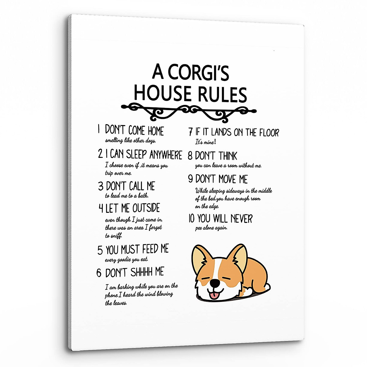 PHAMTE A Corgi’s House Rules Wall Art, Funny Corgi Dog Quote Print Framed Canvas Painting Artwork Home Bedroom Living Room Girls Room Decor（11x14 Inch）