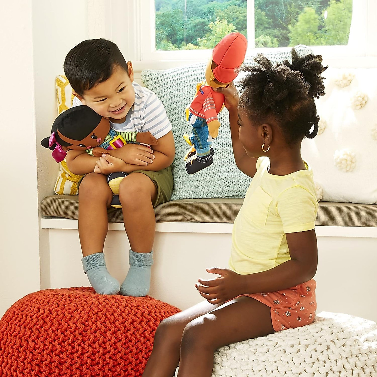 Playskool Dressy Kids Doll with Black Hair and Bow, Activity Plush Toy with Zipper, Shoelace, Button, for Ages 2 and Up (Amazon Exclusive)