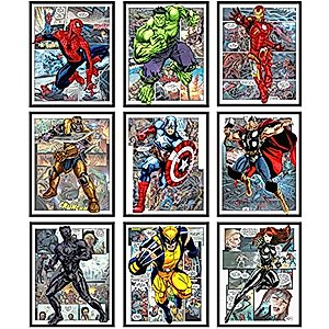 Superhero Posters for Boys Room - 8x10 Inches Set of 9 UNFRAMED - Superhero Wall Art - Superhero Wall Decor - Superhero Comics Characters for Boys Room Nursery Kids Rooms Bedrooms Toddlers Teens Bathrooms Girls Rooms by EOM Art & Design