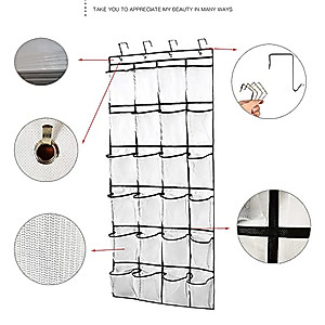 Shoe Organizer Hanging Over the Door, 24 Large Mesh Pockets behind Door Shoe Holder for Bedroom Closet with 4 Hooks (Grey)