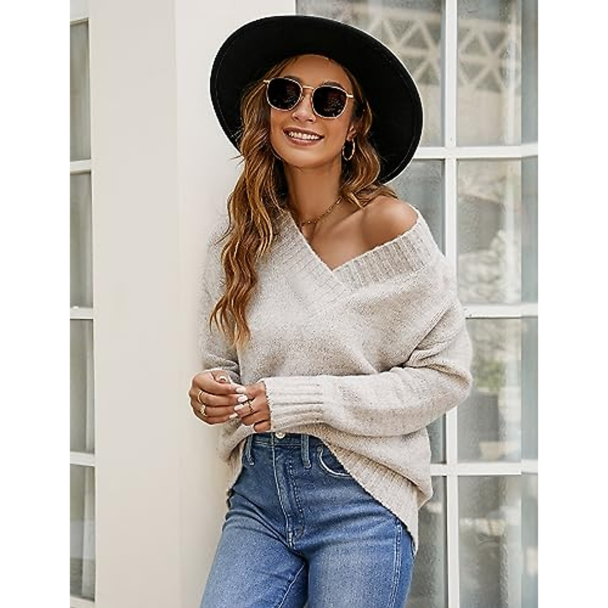 Bluetime Women Casual Long Sleeve Sweaters Soft Loose Fit Cable Knit Pullover V Neck Oversized Tunic Sweater Tops (L, Light Apricot)