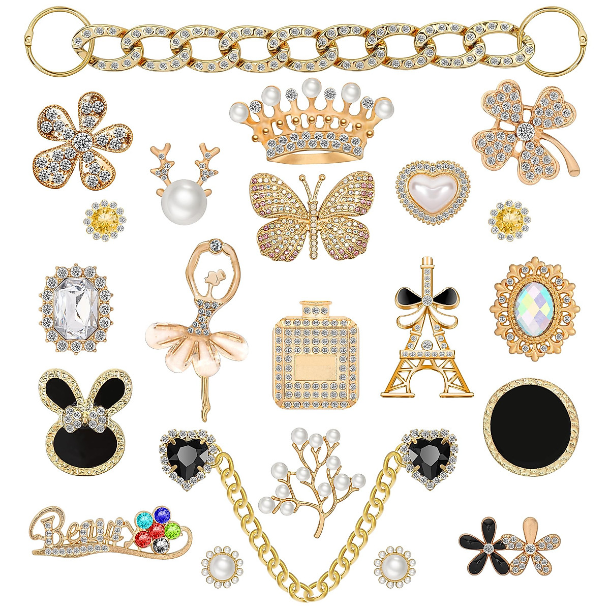 22PCS Gold Bling croc Jewelry Shoes Charms Diamond Rhinestone with Chains Accessories Decoration for Girls Women